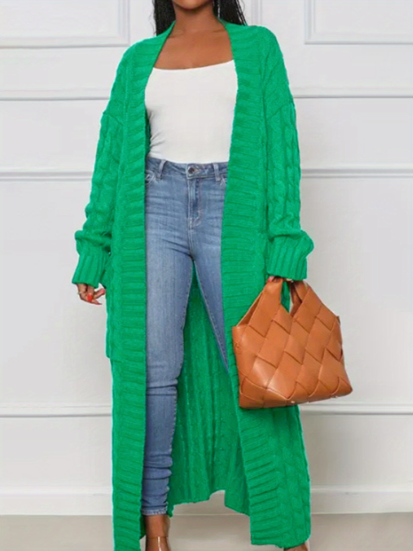 Solid Open Front Cable Knit Cardigan Casual Long Sleeve Long - Temu Netherlands