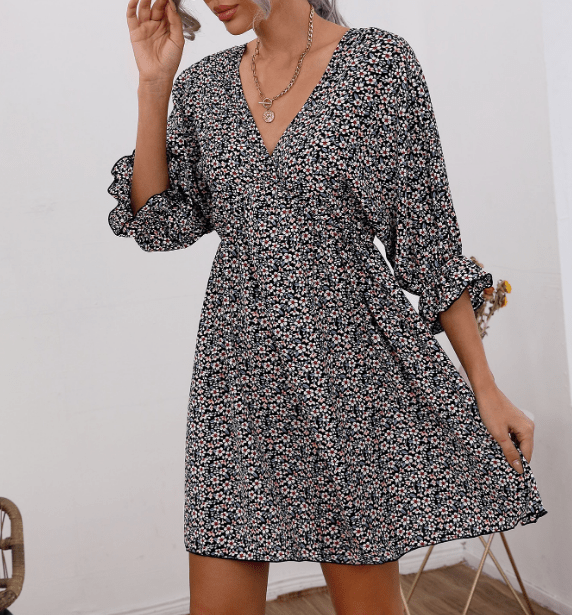 Ditsy Floral Print Dress V Neck Tie Back Ruffle Trim - Temu Portugal