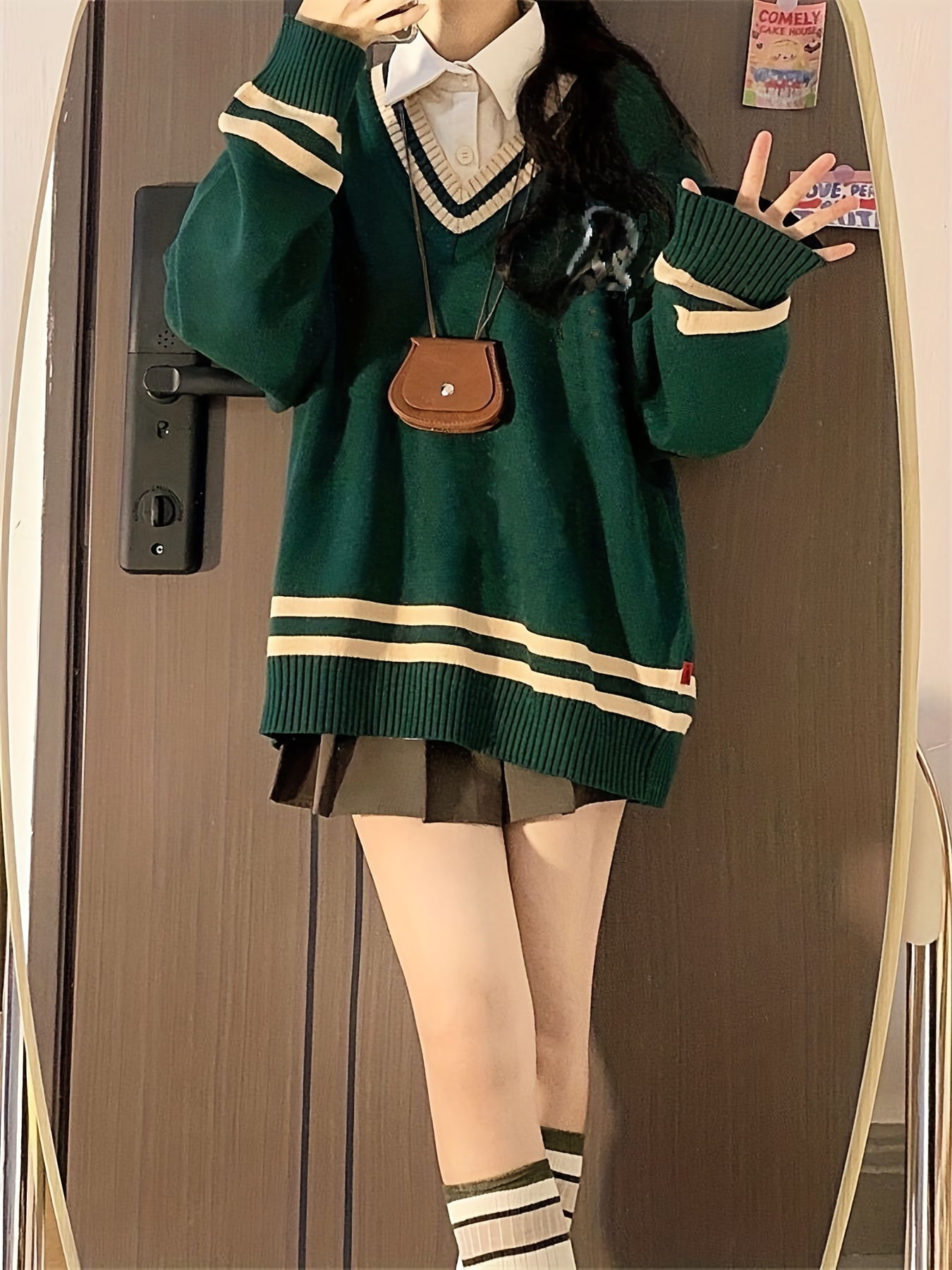 Preppy Style V 넥 스웨터 컬러 블록 롱 슬리브 스웨터 겨울 및 가을용 루즈 캐주얼 스웨터 여성 Temu