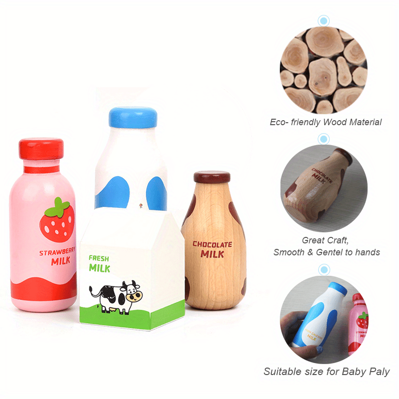 Wooden Milk Set Pretends Play Kitchen Food Toys Children - Temu
