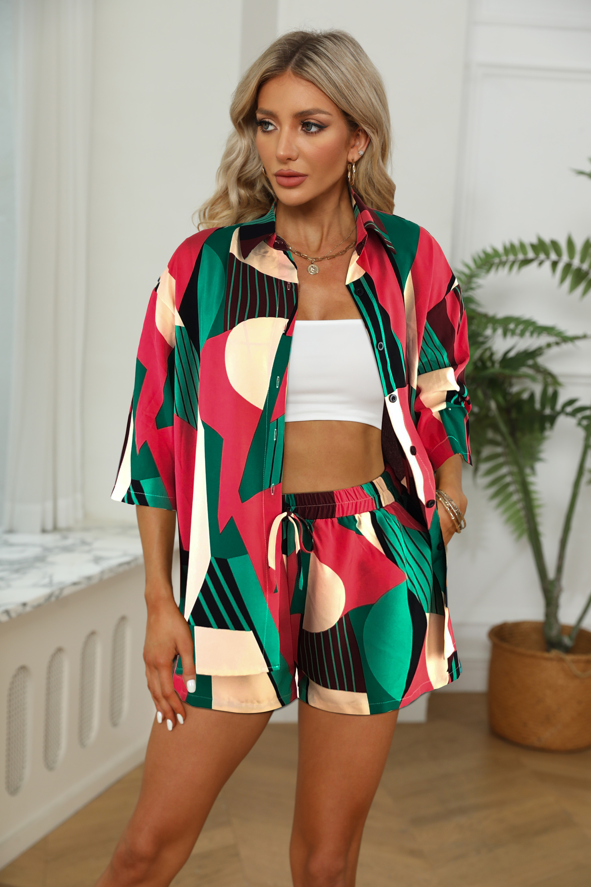Casual Color Block Two piece Set Drop Shoulder Shirt - Temu Australia