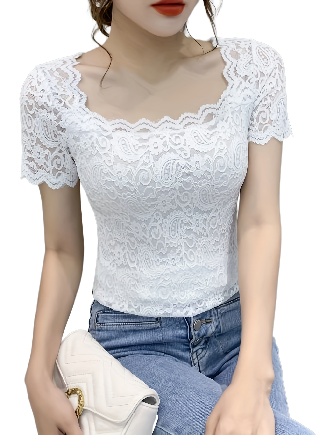 Floral Pattern Neck Lace Trim Blouse Casual - Temu Australia