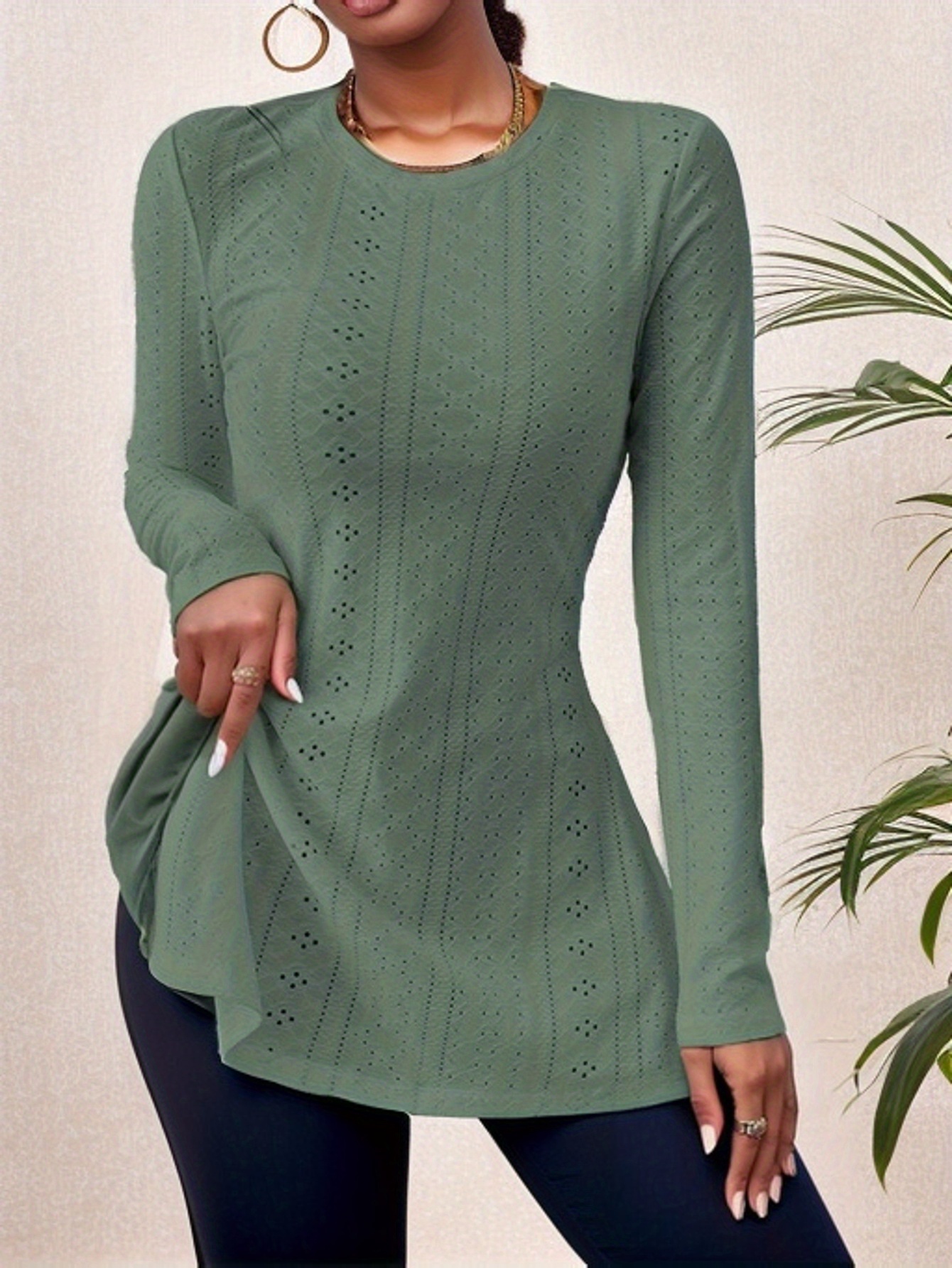 Eyelet Embroidered Split T shirt Casual Crew Neck Long - Temu Canada