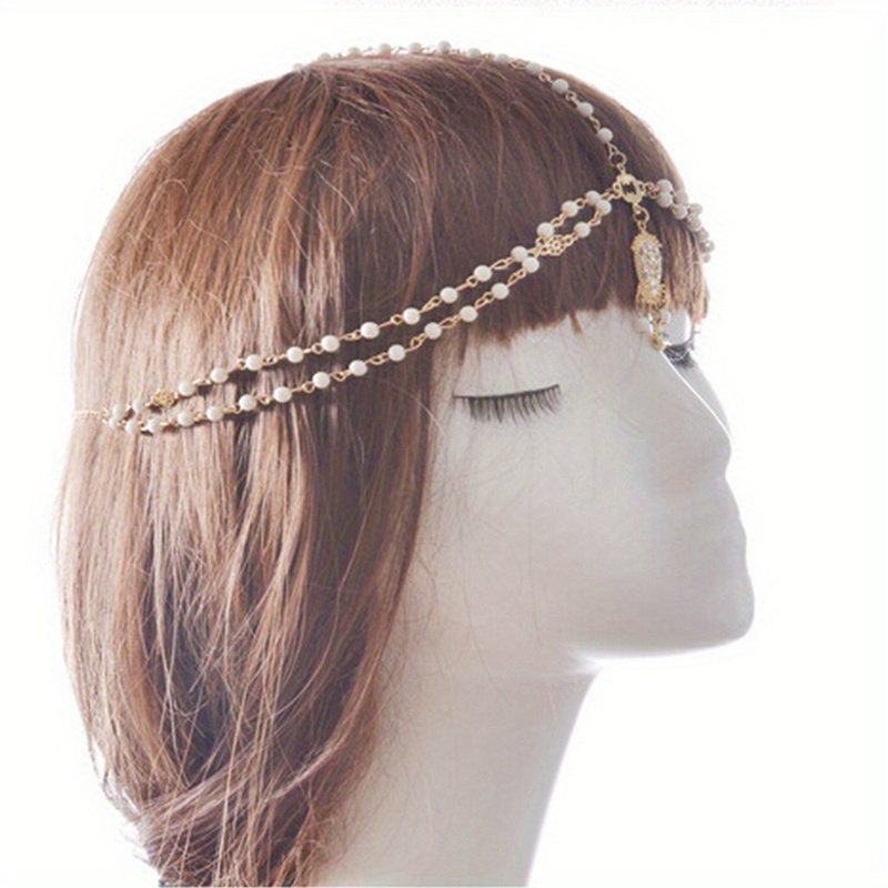 Faux Pearl Head Chain Elegant Head Piece Rhinestone Forehead - Temu