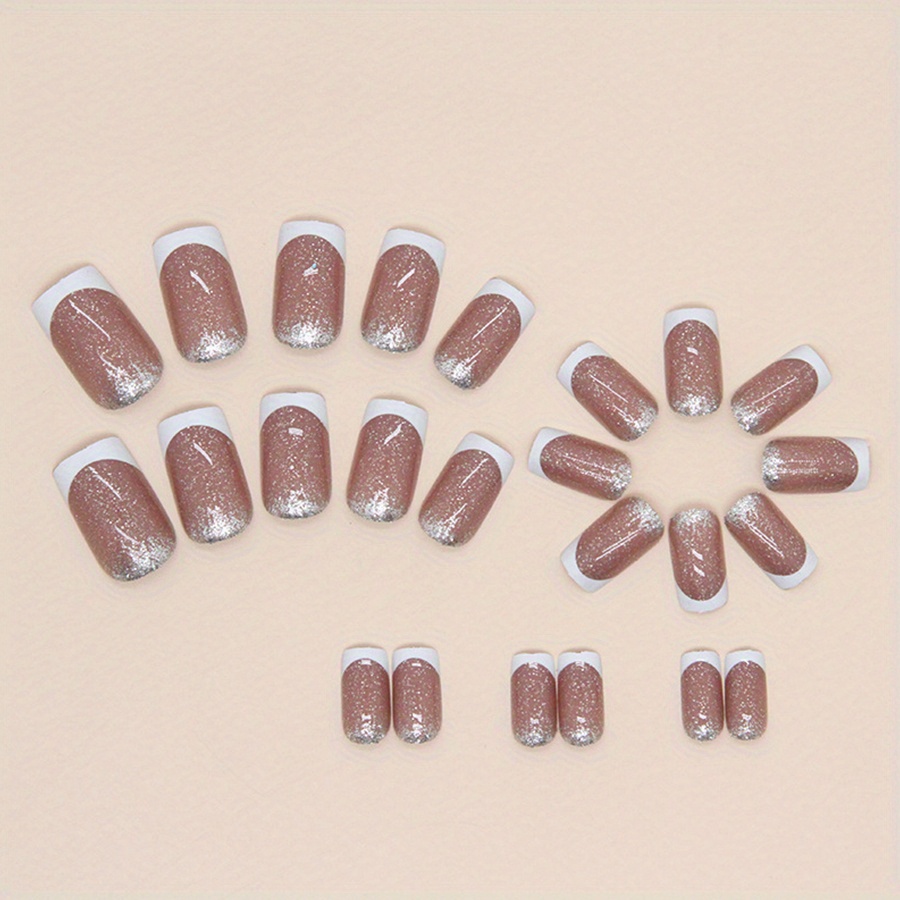 White French Tip Press Nails Nude Pink Glitter - Temu United