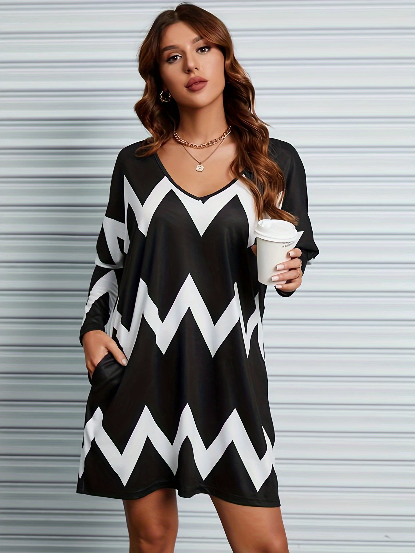 chevron print long sleeve dress casual v neck mini dress - Temu