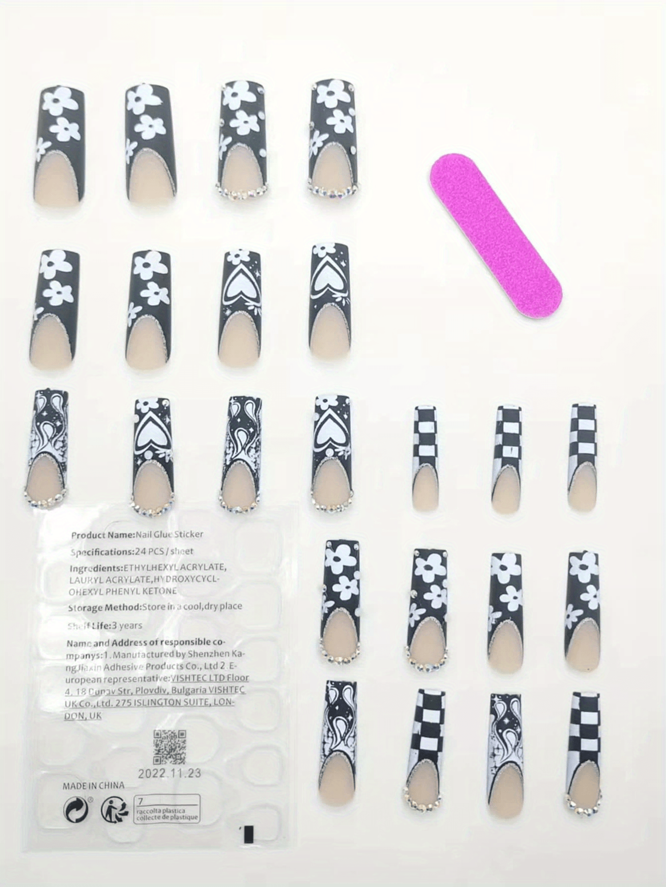 24pcs Black French Tip Nails Cute Flower Heart And - Temu Netherlands