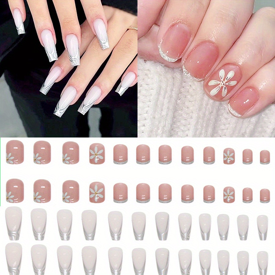 French Tip Press Nails Pink False Nails Silvery Glitter Edge - Temu ...