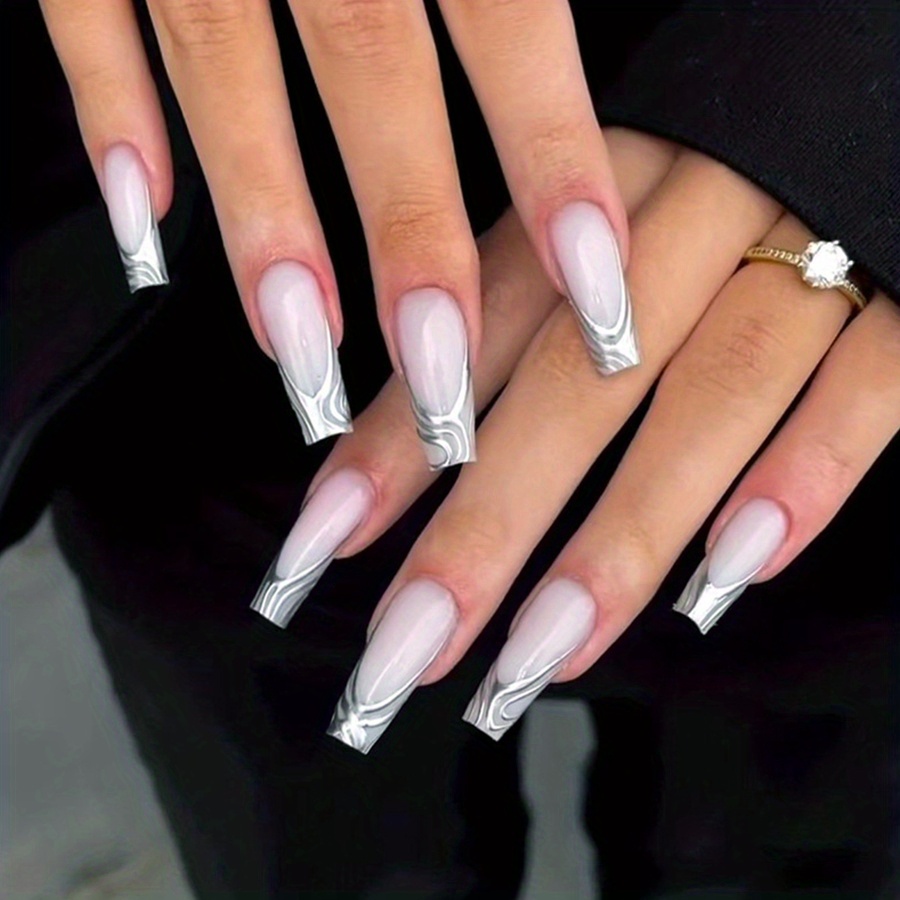 French Tip Press Nails Pink False Nails Silvery Glitter Edge - Temu ...