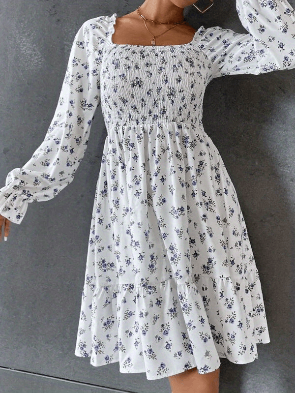 Ditsy Floral Print Shirred Dress Elegant Squared Neck - Temu Australia