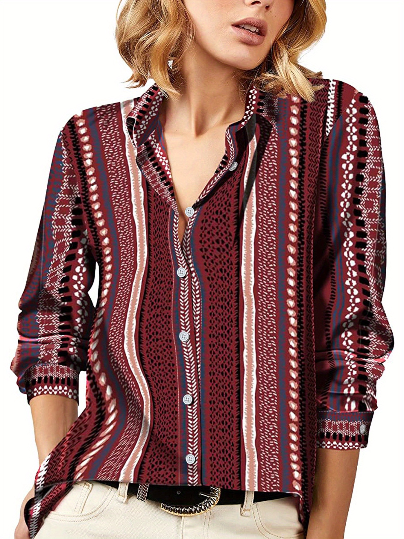 Striped Flat Collar Button Shirt Casual Long Sleeve Shirt - Temu Norway