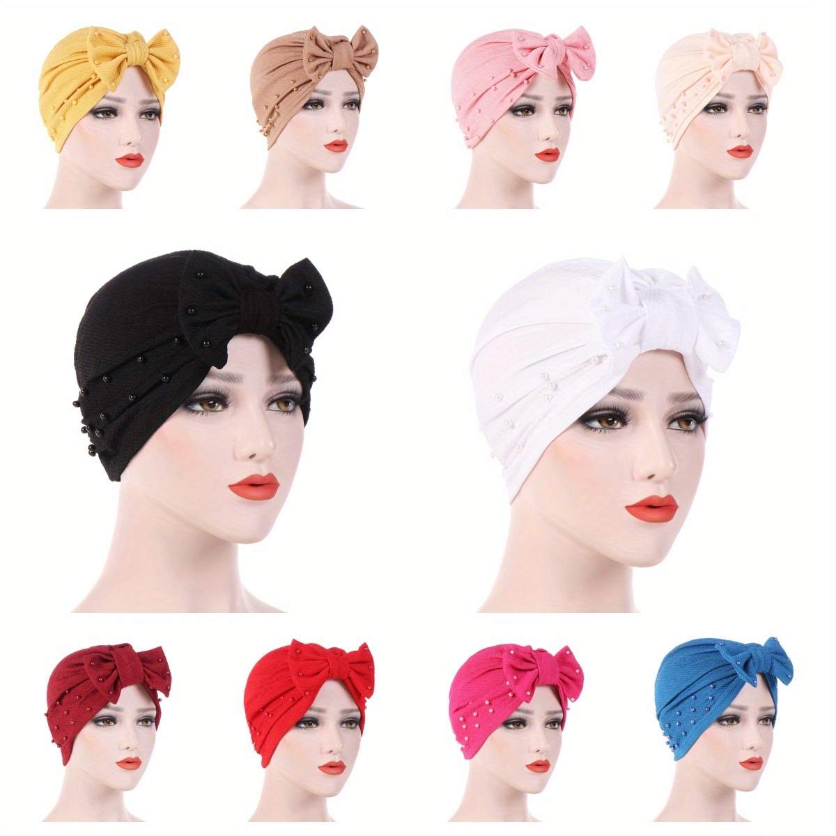 Detachable Bow Turban Cap Beads Decor Head Scarf Solid Color - Temu Canada