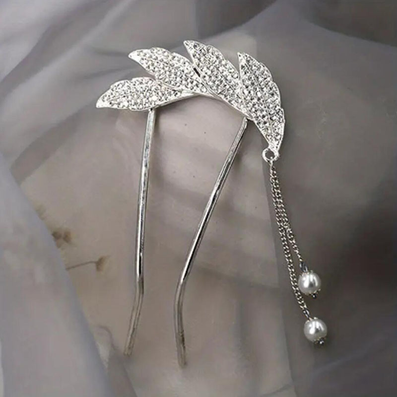 fashion inlaid tassel pearl feather u shaped meatball hairpin hair fork ...