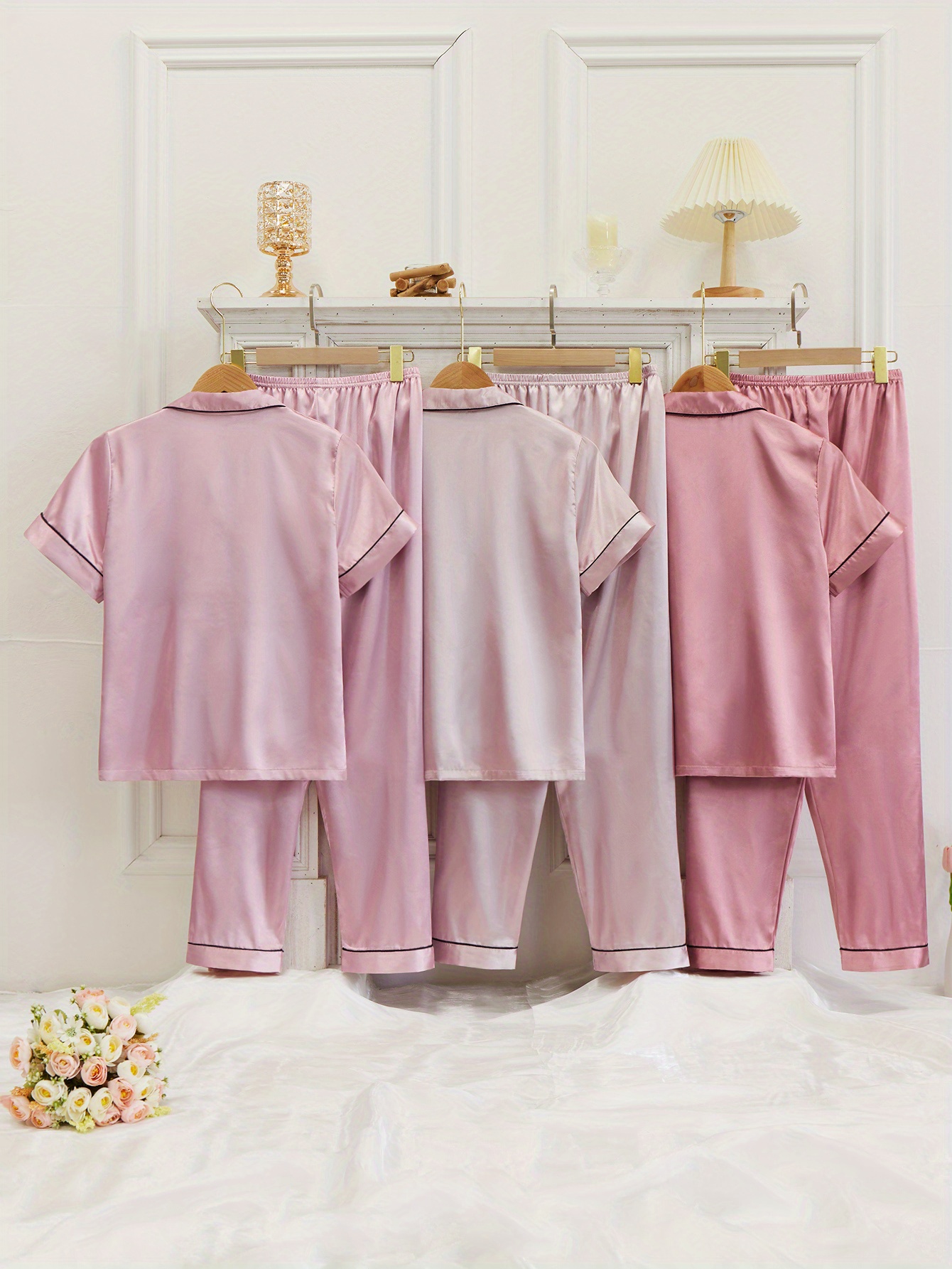 Solid Satin Pajama Set Short Sleeve Buttons Top Lounge Pants - Temu ...