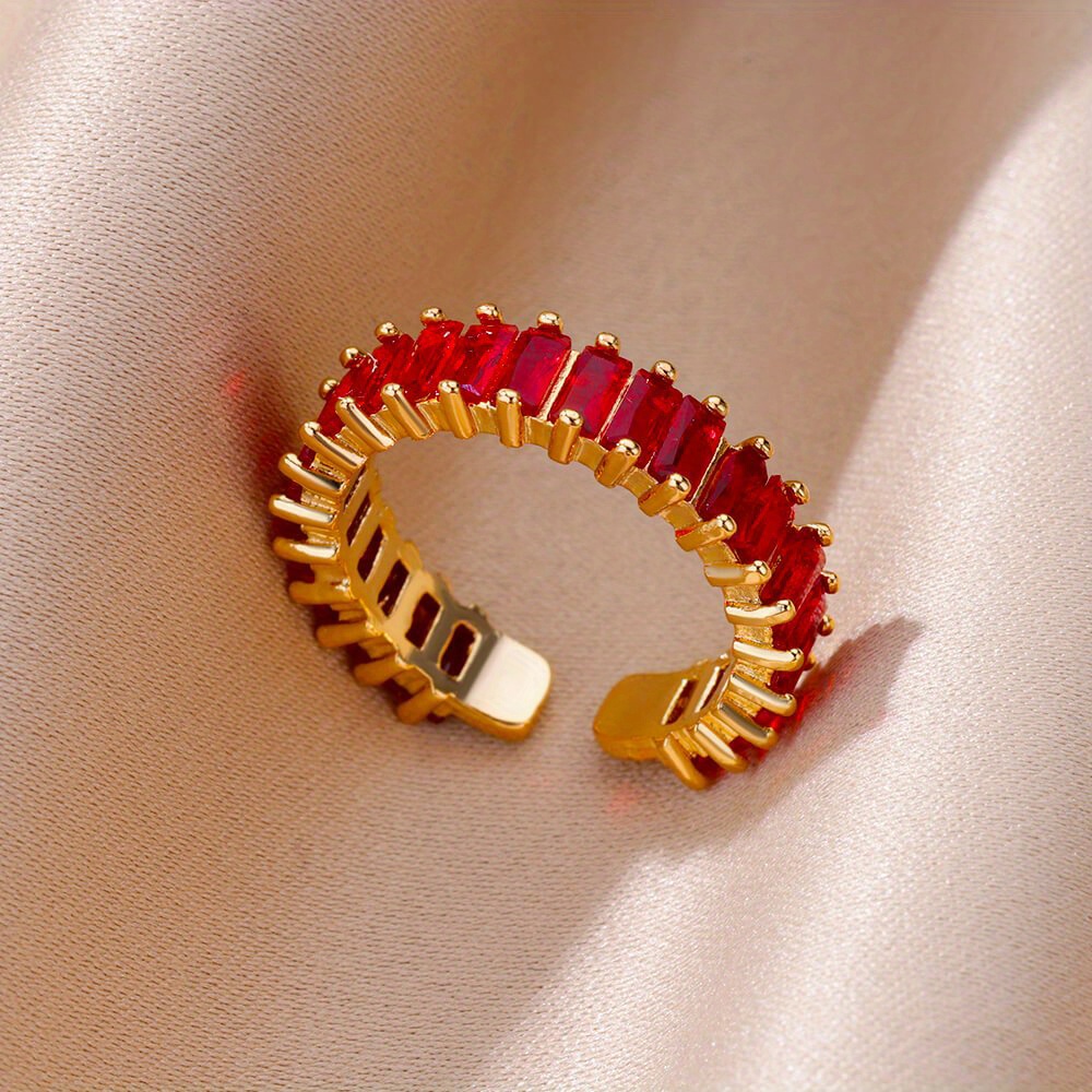 Kpop Style Cuff Ring Golden Inlaid Full Rectangular Zirconia - Temu