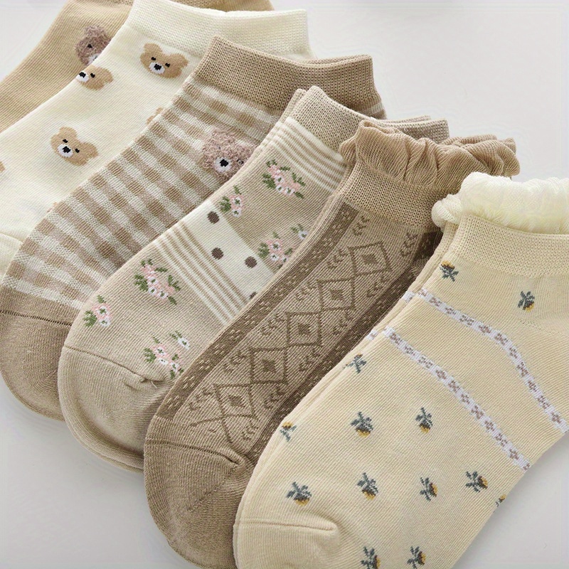 Floral Bear Print Socks Cute Lightweight Low Cut Ankle Socks - Temu ...