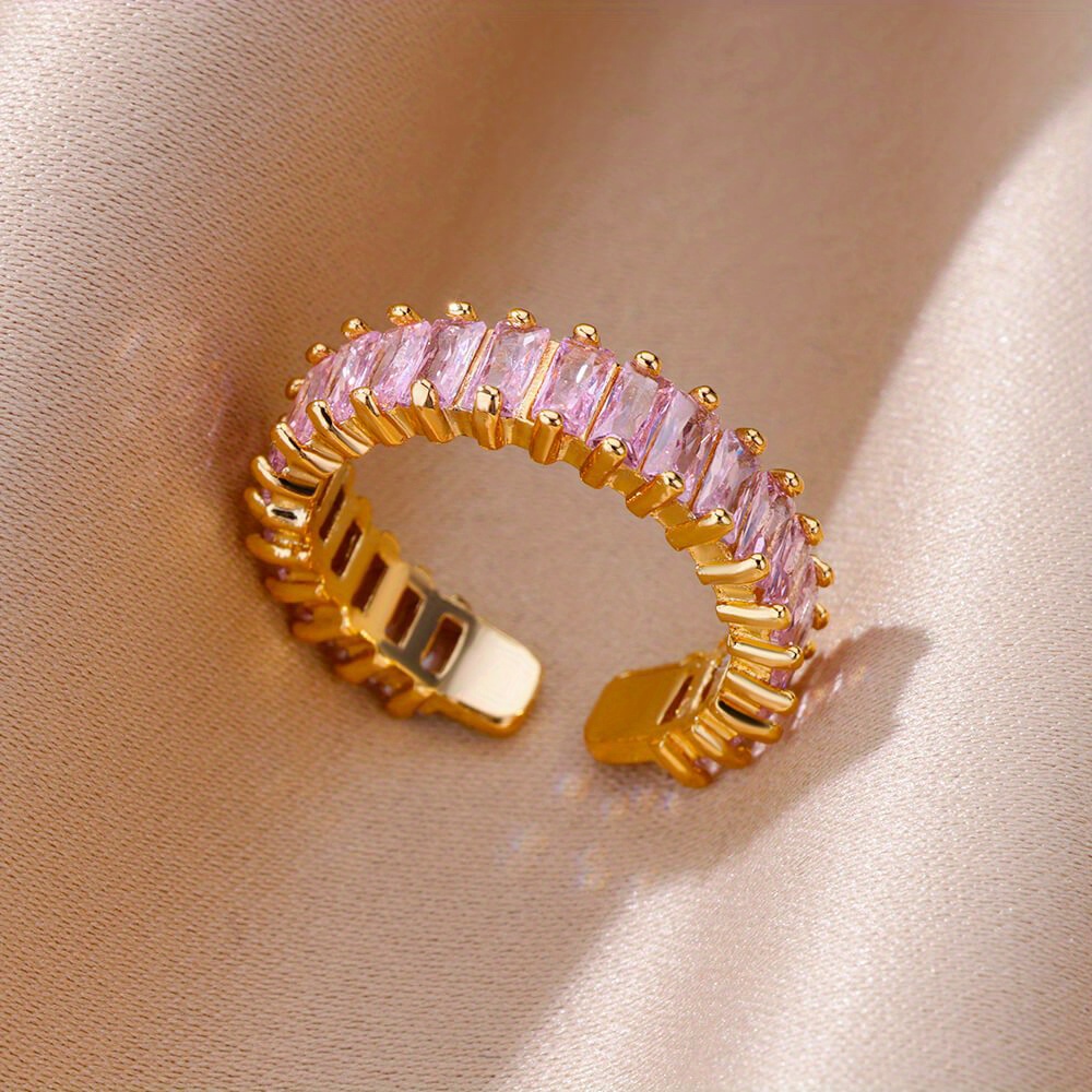 Kpop Style Cuff Ring Golden Inlaid Full Rectangular Zirconia - Temu