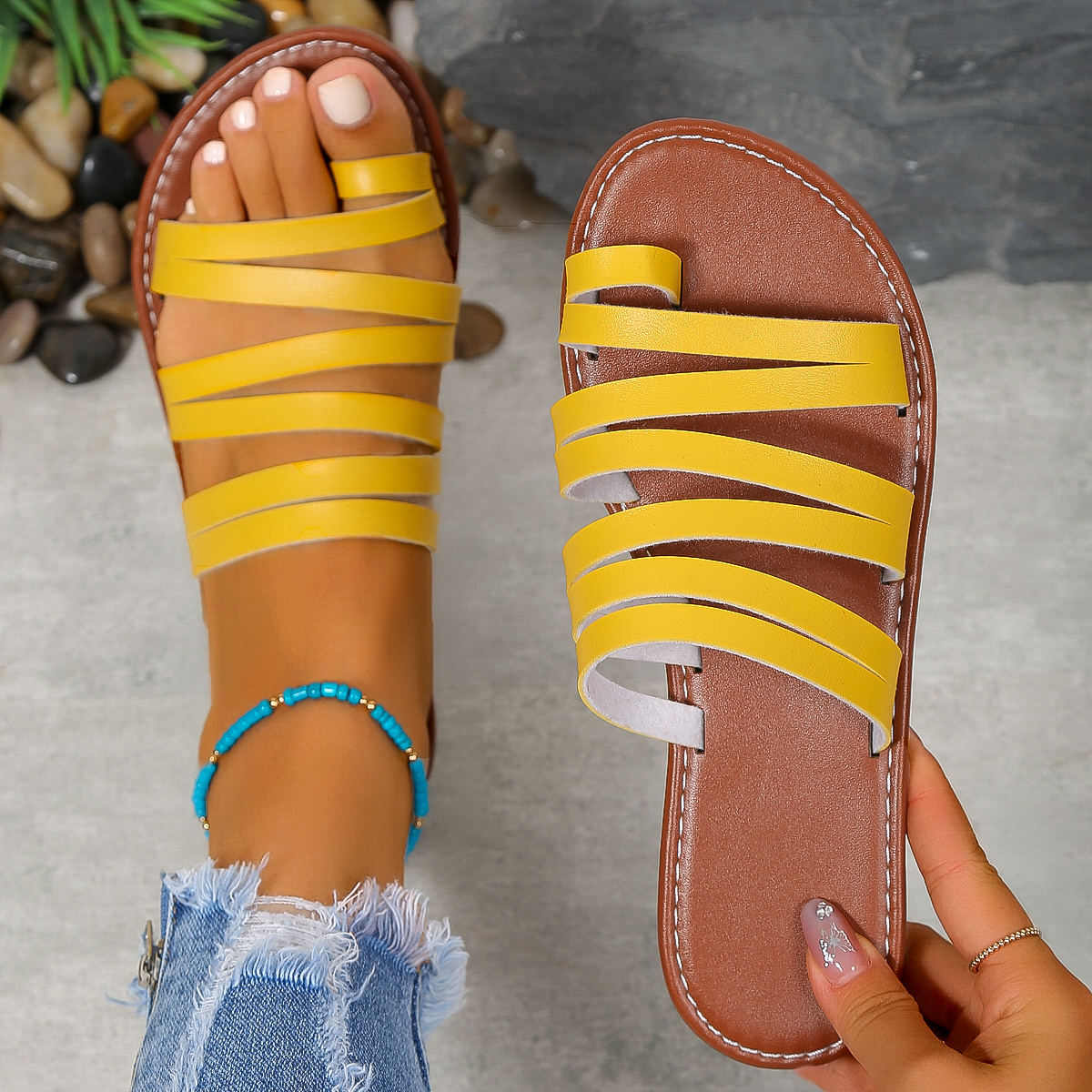 women's toe loop flat slides casual leather slip shoes - Temu South Africa