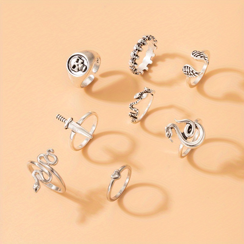 Gothic Style Stacking Rings Trendy Skull Snake Angle Wing - Temu