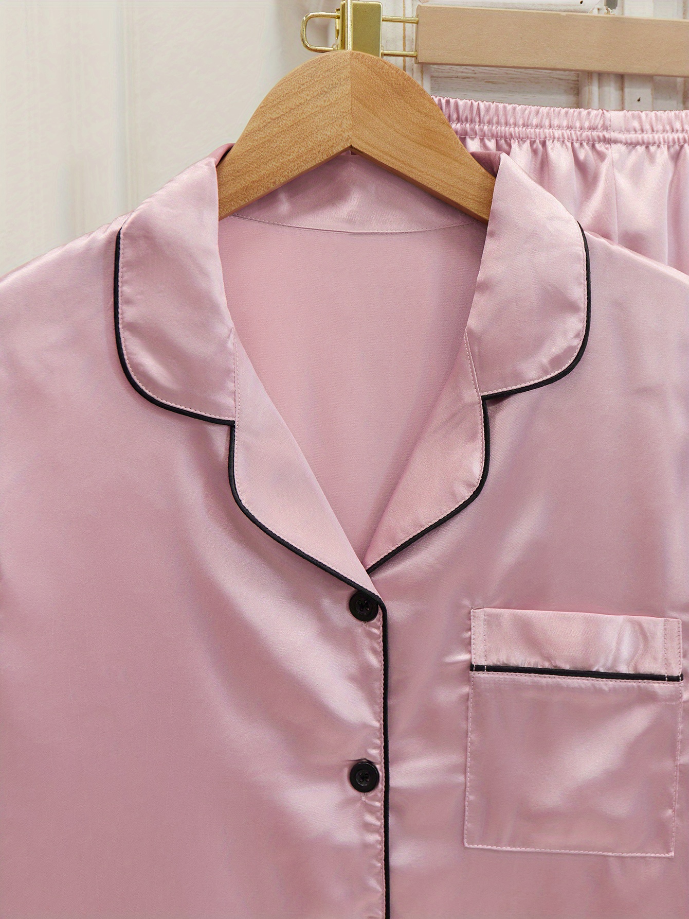 Solid Satin Pajama Set Short Sleeve Buttons Top Lounge Pants - Temu ...