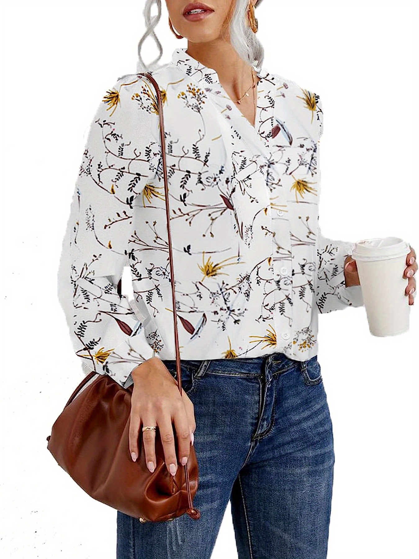 floral print v neck blouse casual button front long sleeve - Temu Norway