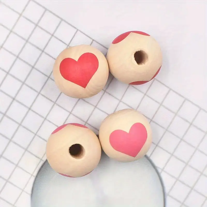 Red Heart Pattern Round Wooden Beads Diy Earrings Bracelet Temu Australia