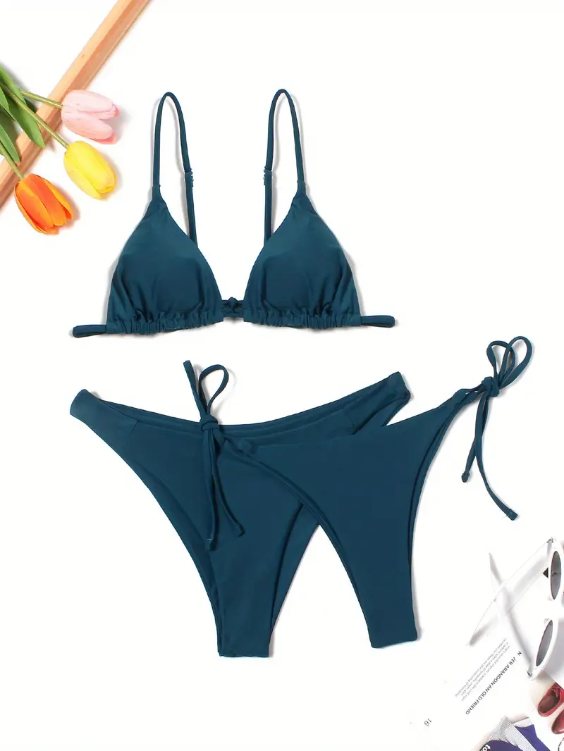 V Neck Spaghetti Straps Triangle Tie Side Cheeky Top And Bottom Ruched