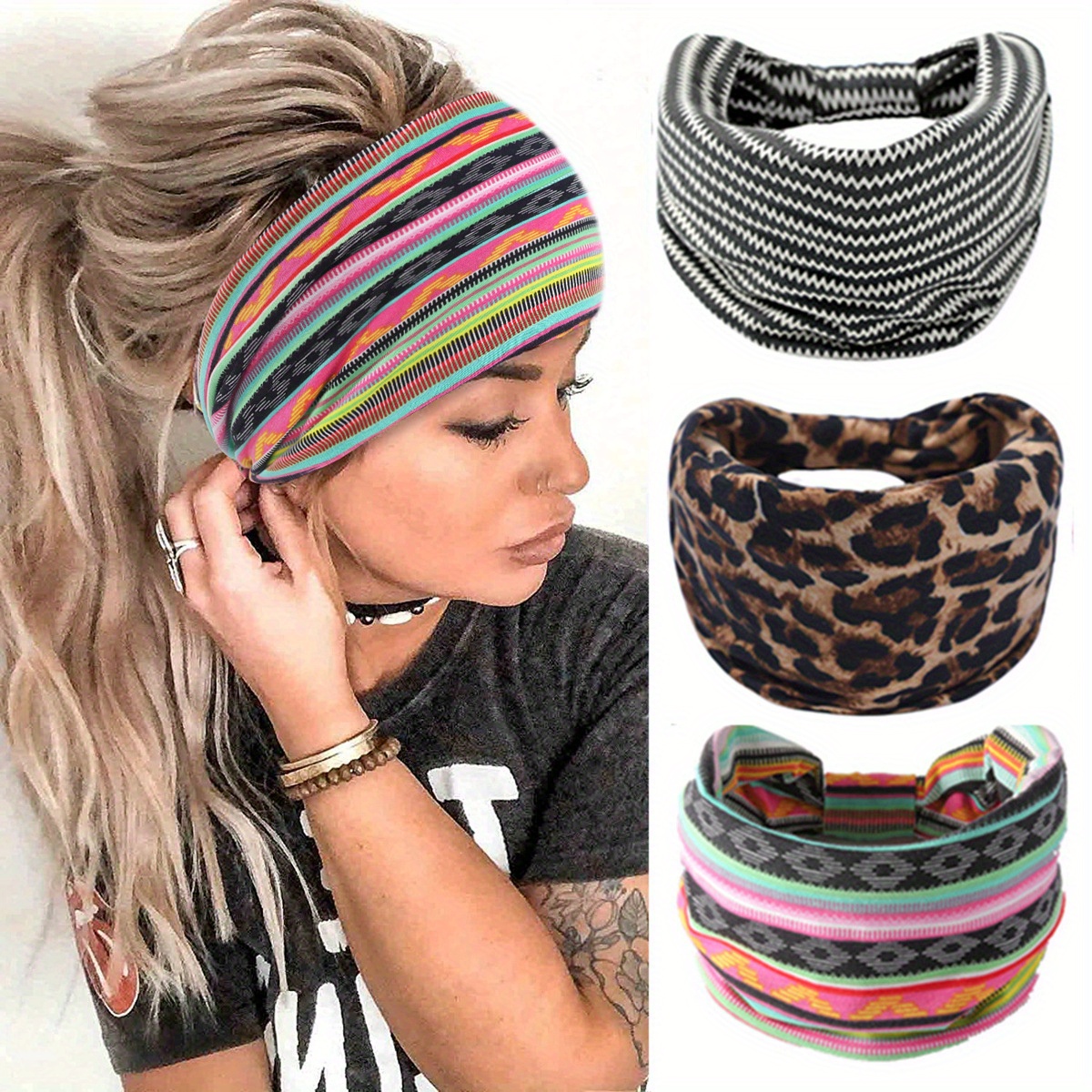 Boho Headband Wide Sports Sweatband Leopard Pattern Hair - Temu Australia