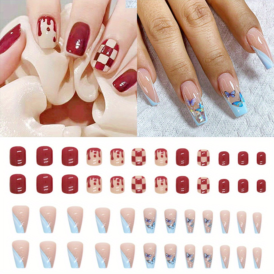 Checkerboard Flame Press Nails Mixed Blue French - Temu Netherlands