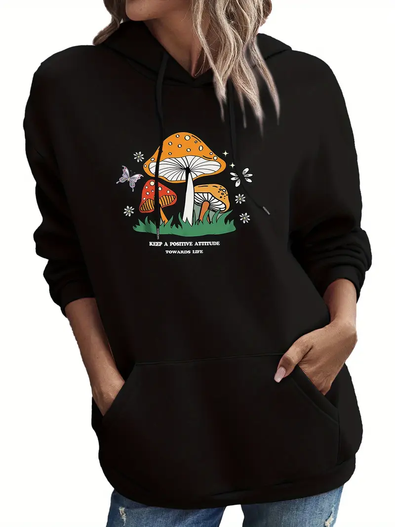 Mushroom Print Kangaroo Pocket Hoodie Casual Long Sleeve Temu Australia