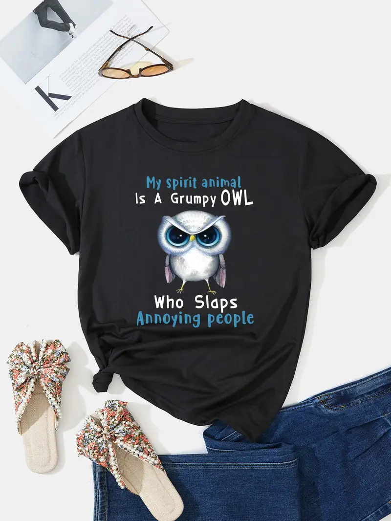 Owl Letter Print Crew Neck T Shirt Casual Short Sleeve T Temu United