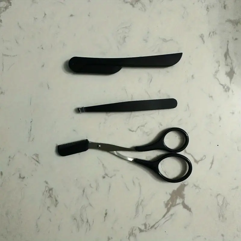 스테인리스 스틸 눈썹 다듬기 키트 오른손잡이 무향 플라스틱 소재 눈썹 가위 빗 면도날 대각 클립 블랙 족집게 Temu