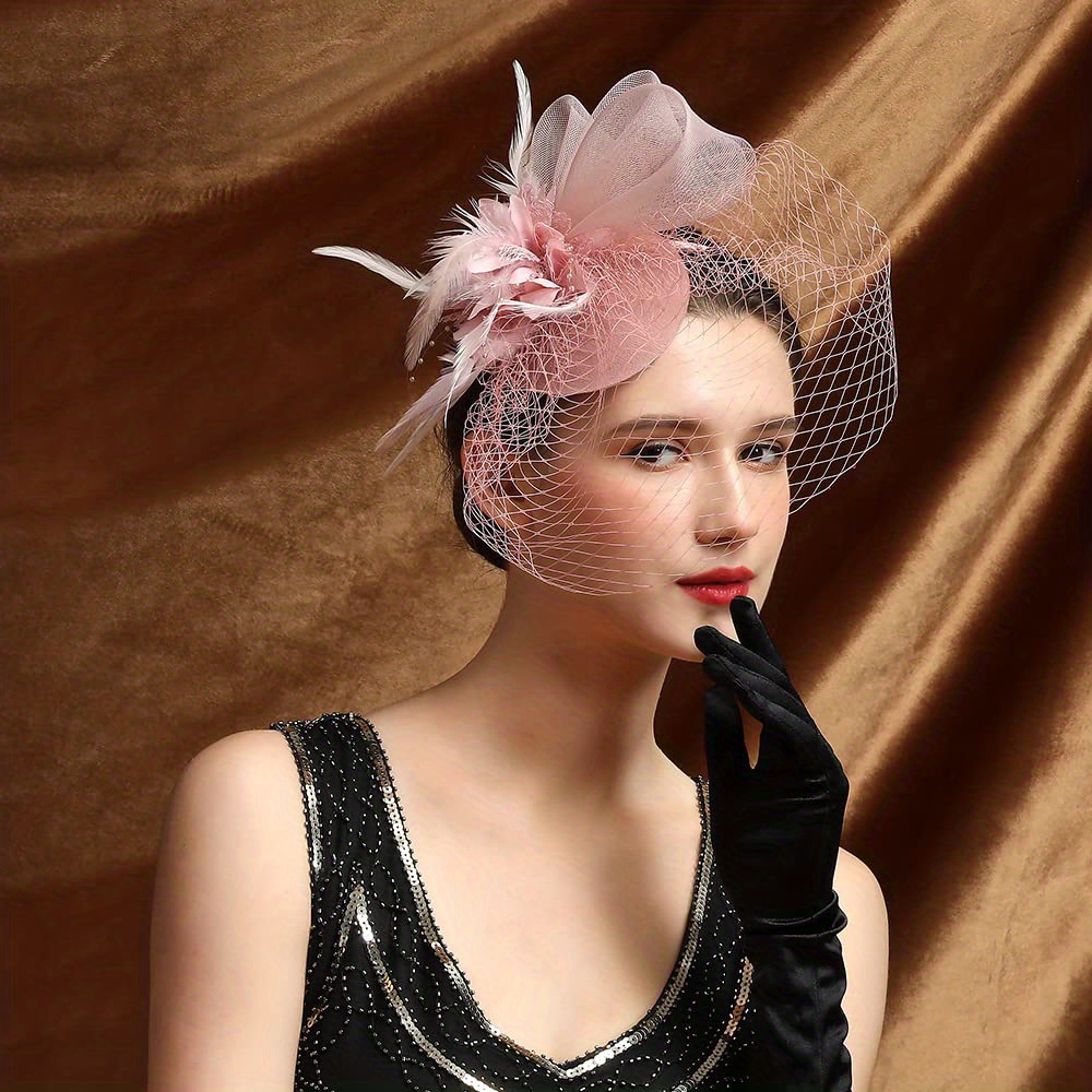 Solid Color Elegant Mesh Headwear Hat Feather Bead Flower - Temu ...