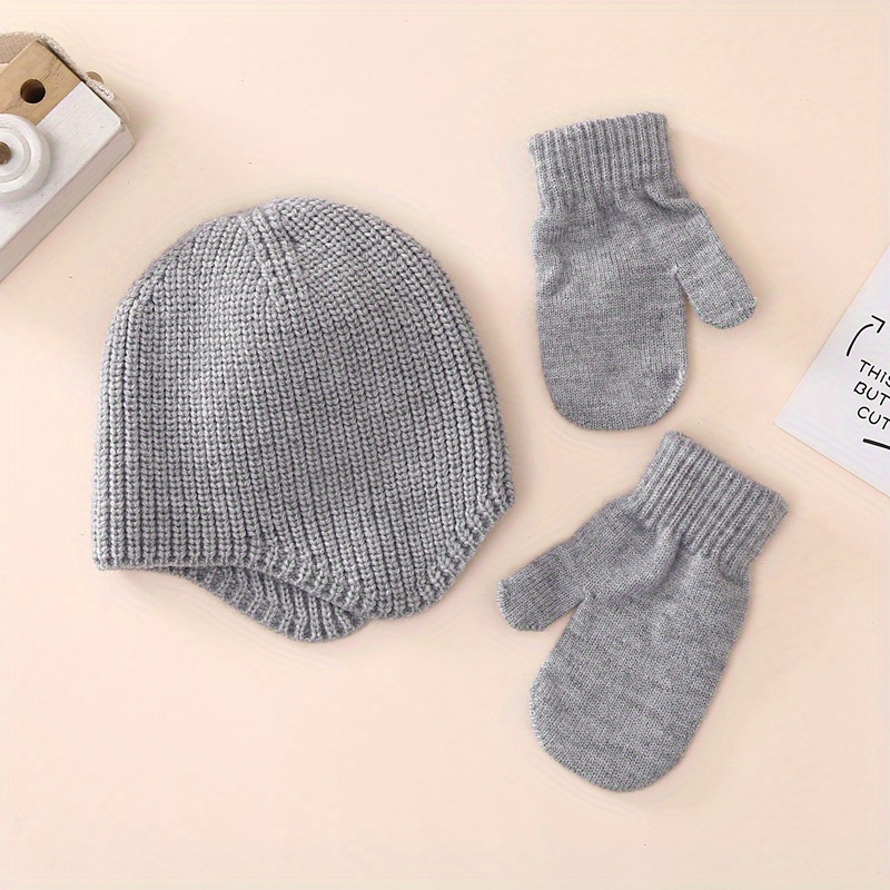 Baby Plain Color Knitted Hat & Gloves For 3-15 Months Toddler - Temu ...