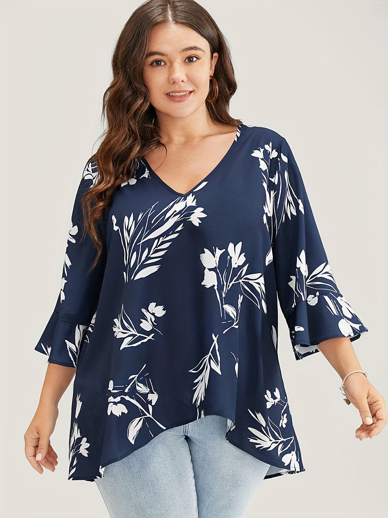 Plus Size Casual Blouse Women's Plus Floral Print Bell - Temu Norway