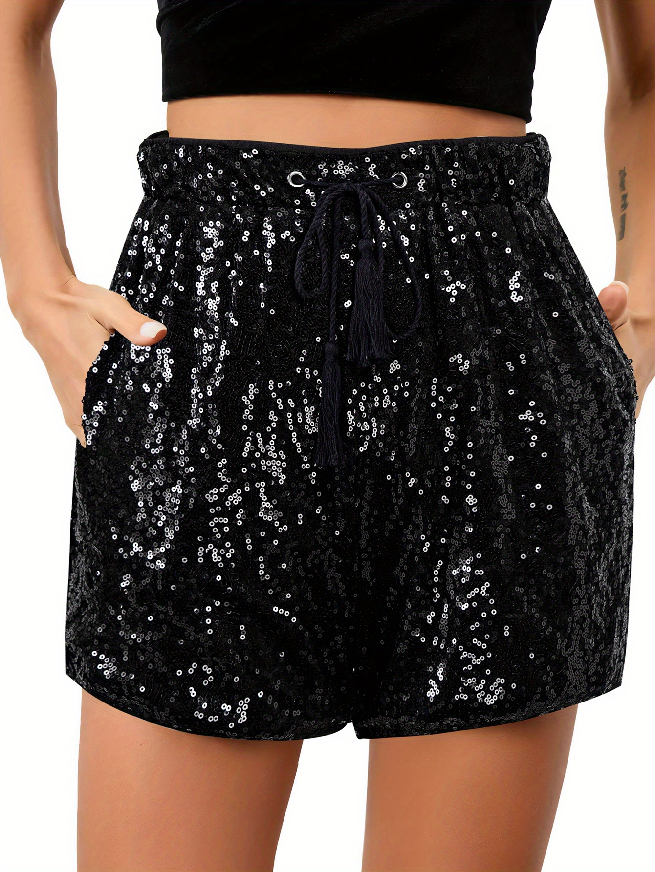 Sequined Drawstring Waist Shorts Casual Slant Pocket Solid - Temu Canada