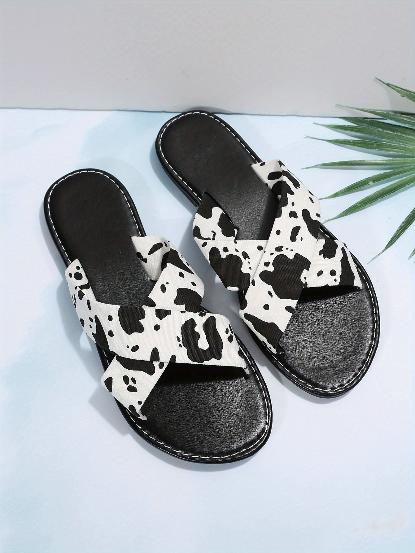 Women's Cow Print Flat Slides Cross Band Open Toe Slide - Temu United