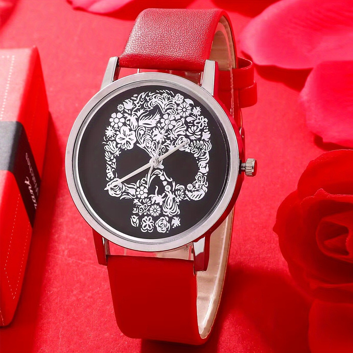 Flower Skull Quartz Watch Goth Punk Analog Pu Leather Wrist - Temu ...