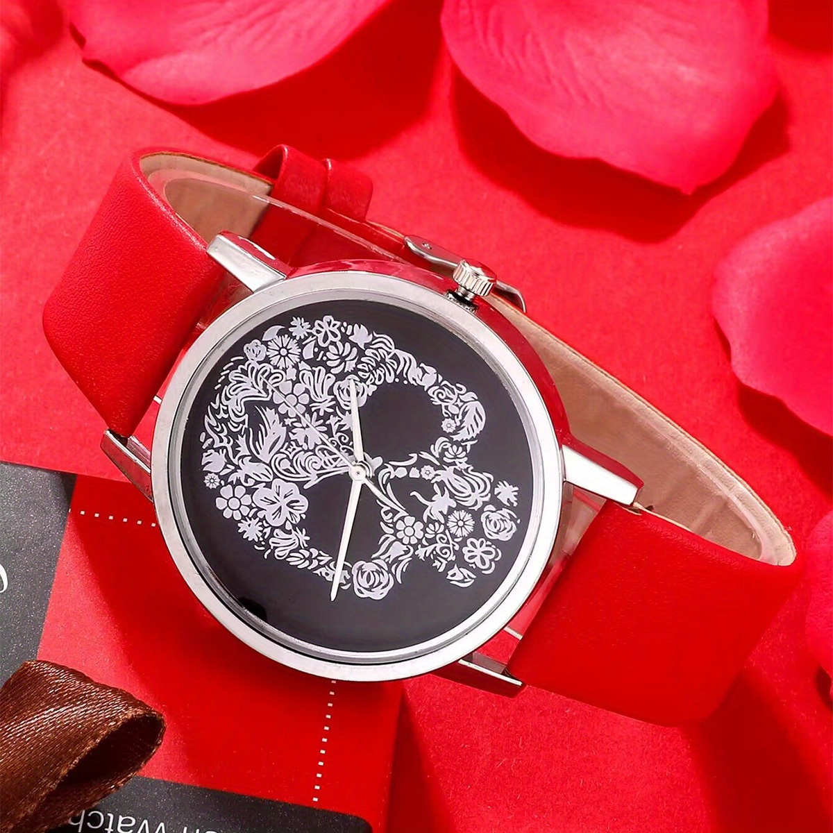 Flower Skull Quartz Watch Goth Punk Analog Pu Leather Wrist - Temu ...