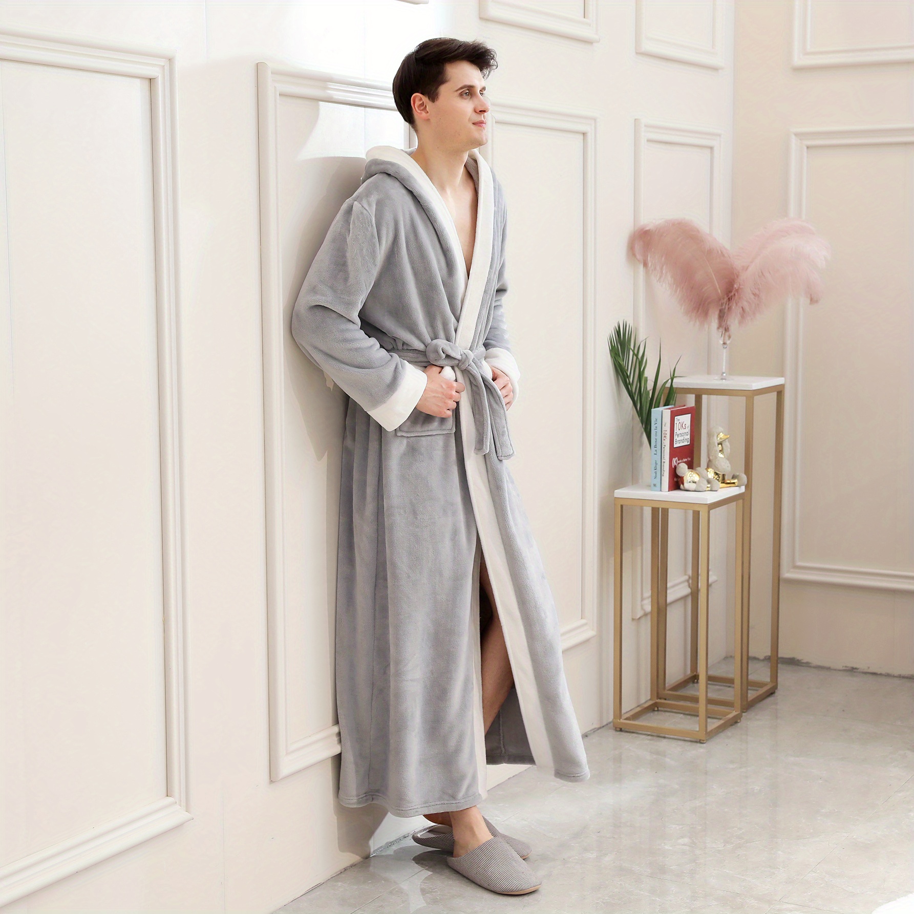 Men's Warm Soft Comfy Plain Color Long Hooded Belt Robe Home - Temu Australia