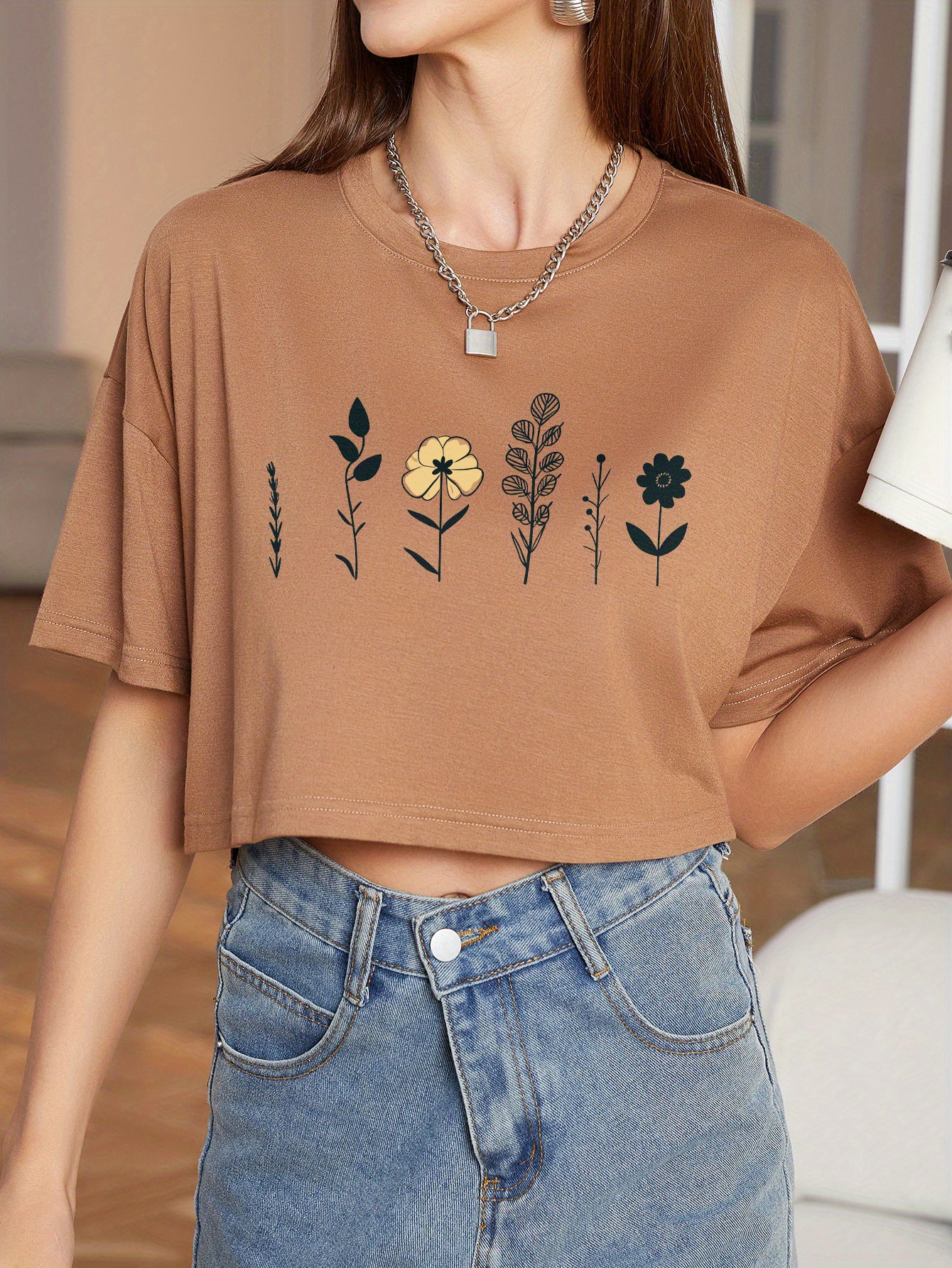 Cute Plants Print Crop Top Casual Drop Shoulder Crew Neck - Temu Norway