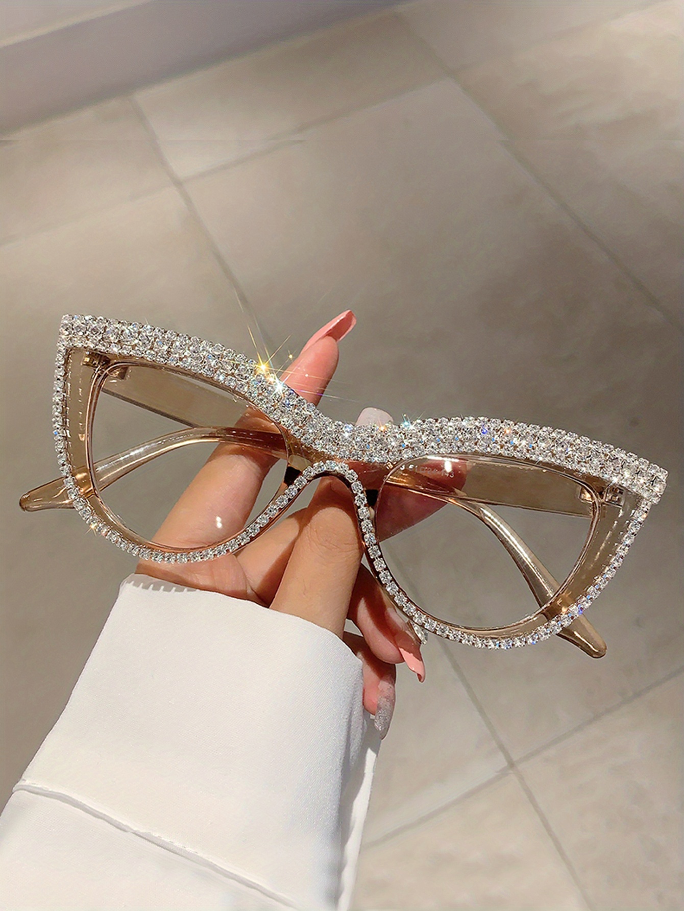 Cat Eye Clear Lens Glasses Women Men Luxury Rhinestone Party - Temu