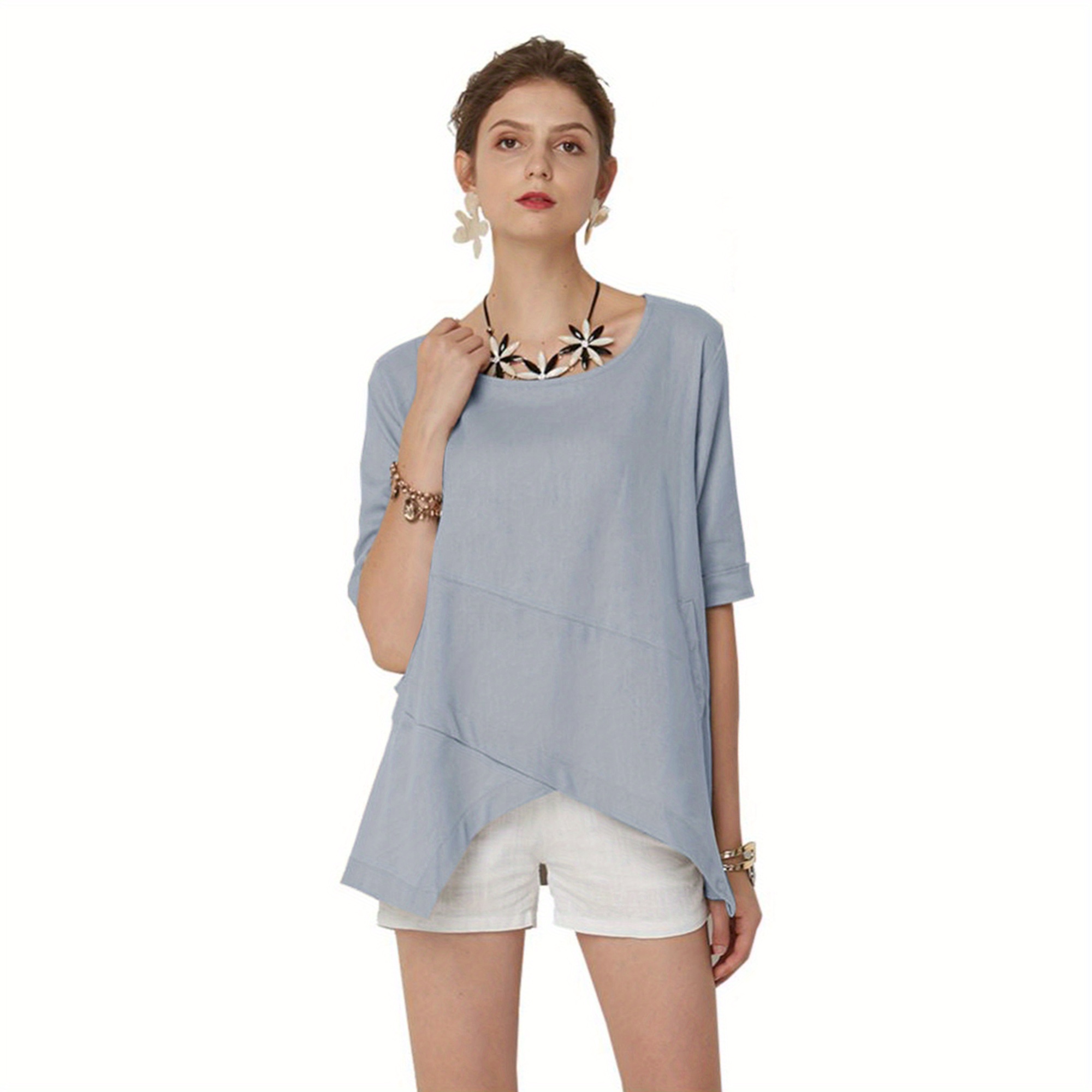 Solid Asymmetrical Hem T shirt Casual Crew Neck Half Sleeve - Temu United Kingdom