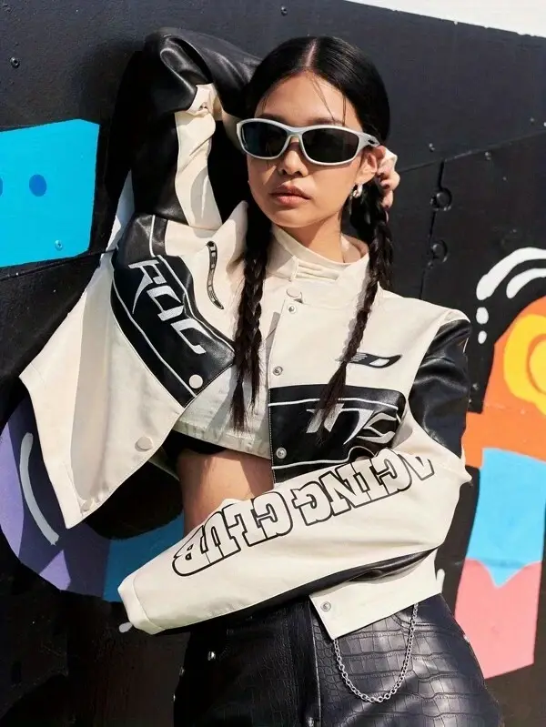 Letter Pattern Pu Leather Jacket Street Wear Button Front - Temu