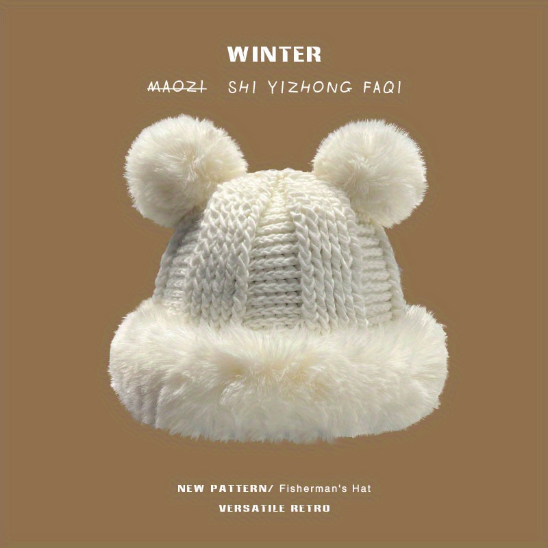 Cute Ears Winter Warm Solid Color Thick Knit Hats - Temu Australia