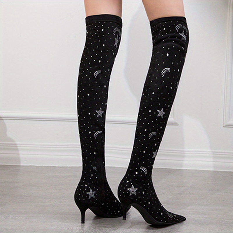 Women's Stretchy Knee Boots Star Rhinestone Decor Pointed - Temu