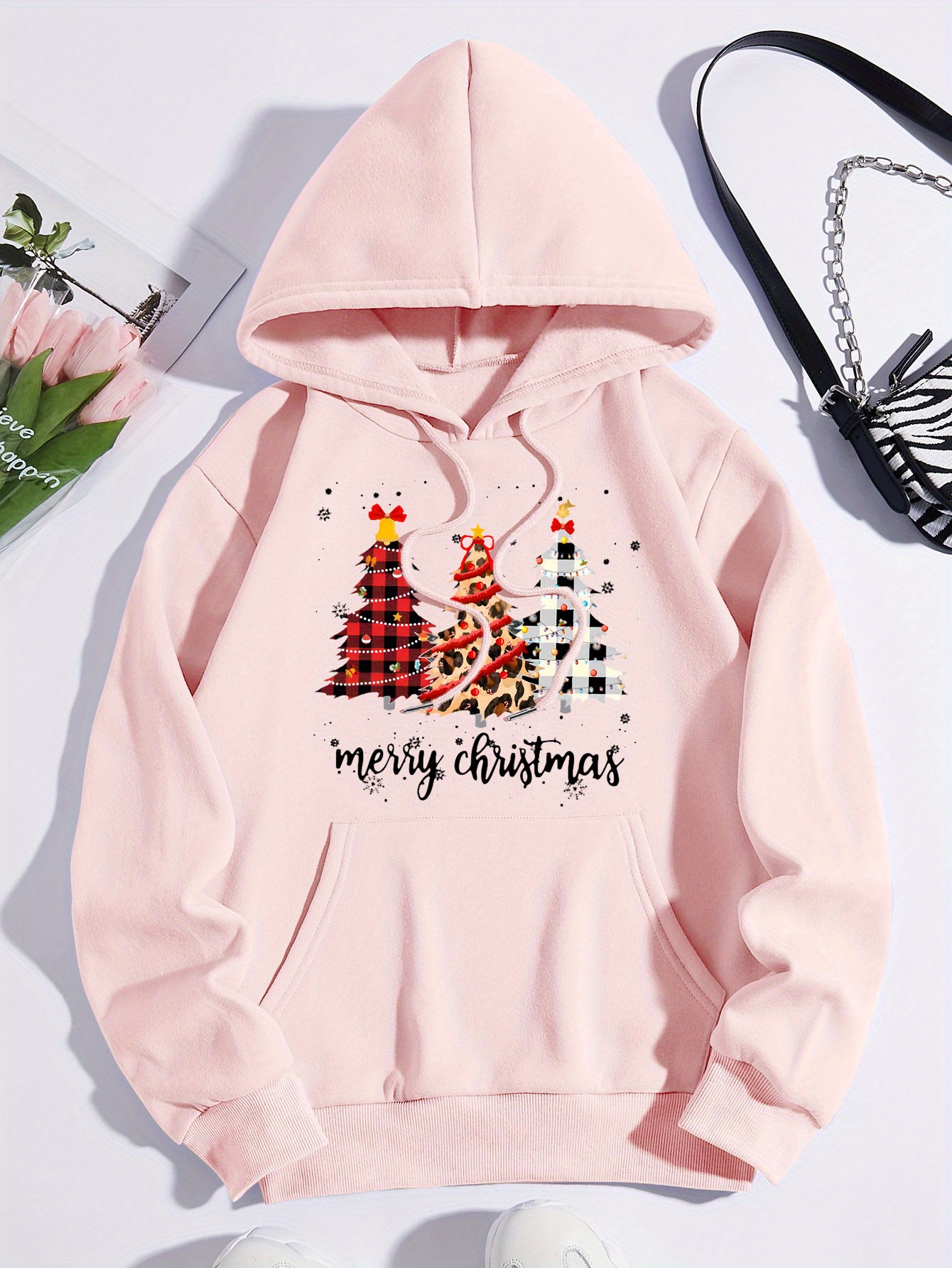 Christmas Tree Print Hoodie Casual Long Sleeve Drawstring - Temu United Kingdom