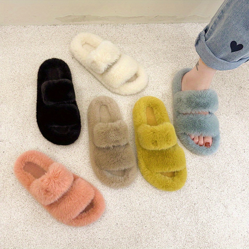 Furry Two Band Slippers Fluffy Open Toe Solid Color Cozy - Temu Australia