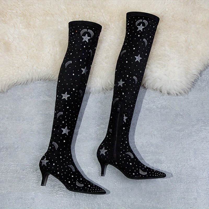Women's Stretchy Knee Boots Star Rhinestone Decor Pointed - Temu