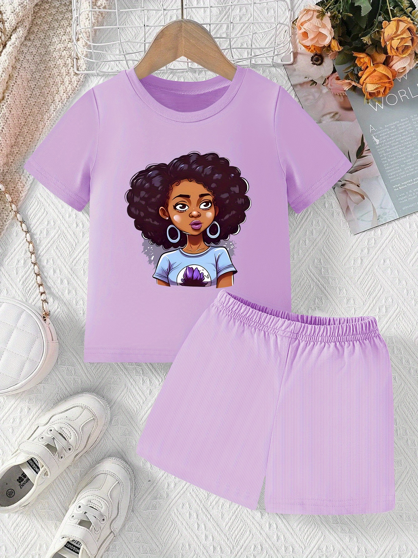 Anime Cool Girl Print, Girl's T-shirt & Shorts Set, Casual Outfits ...